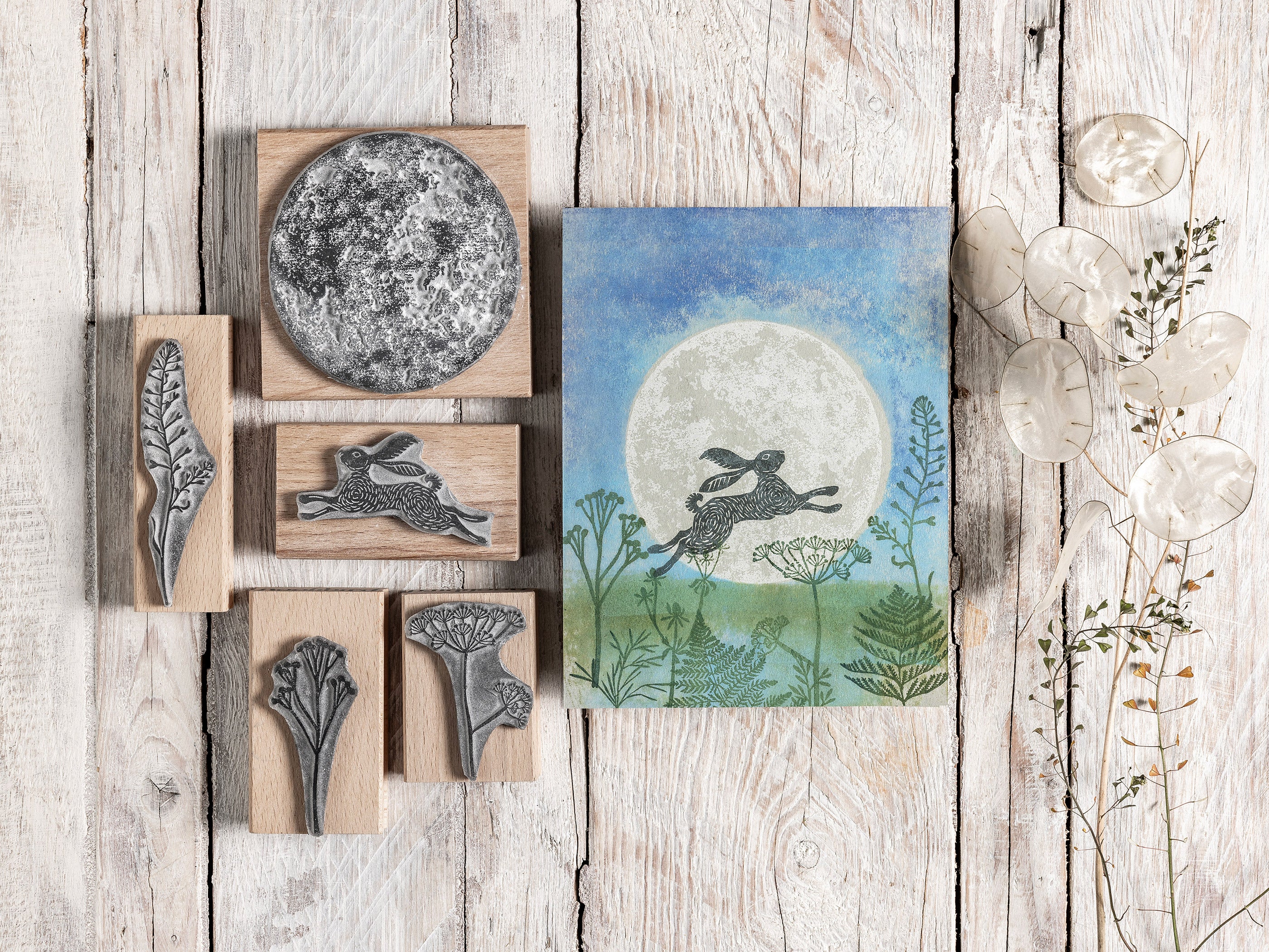 Full Moon Stamps with Leaping Hare stamp and Meadow Flower Silhouette ...